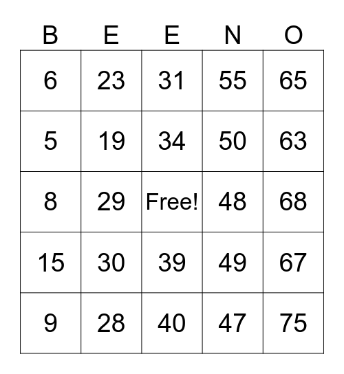 Number Bingo 1-75 Bingo Card