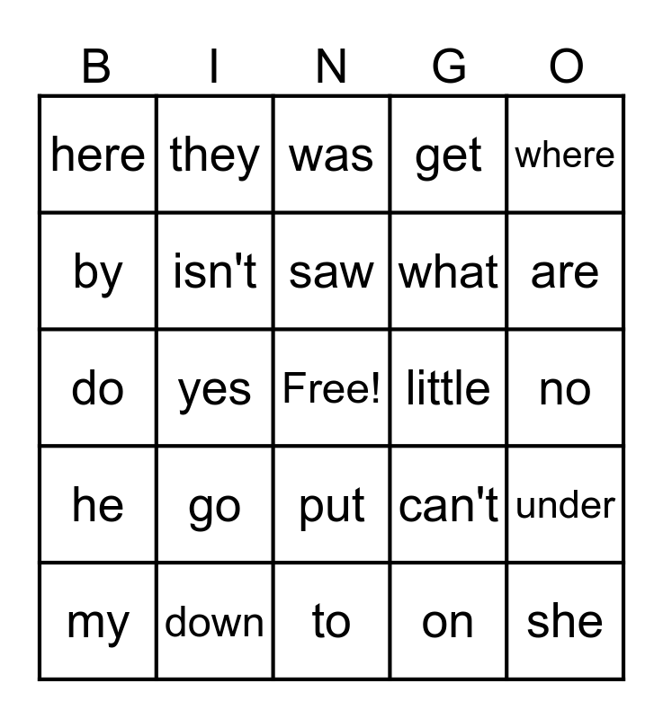 Beginning SIPPS Sight Word BINGO Card