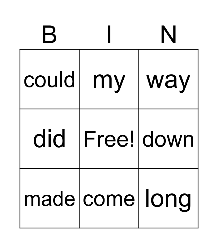 Sight Words- Number Bingo Card