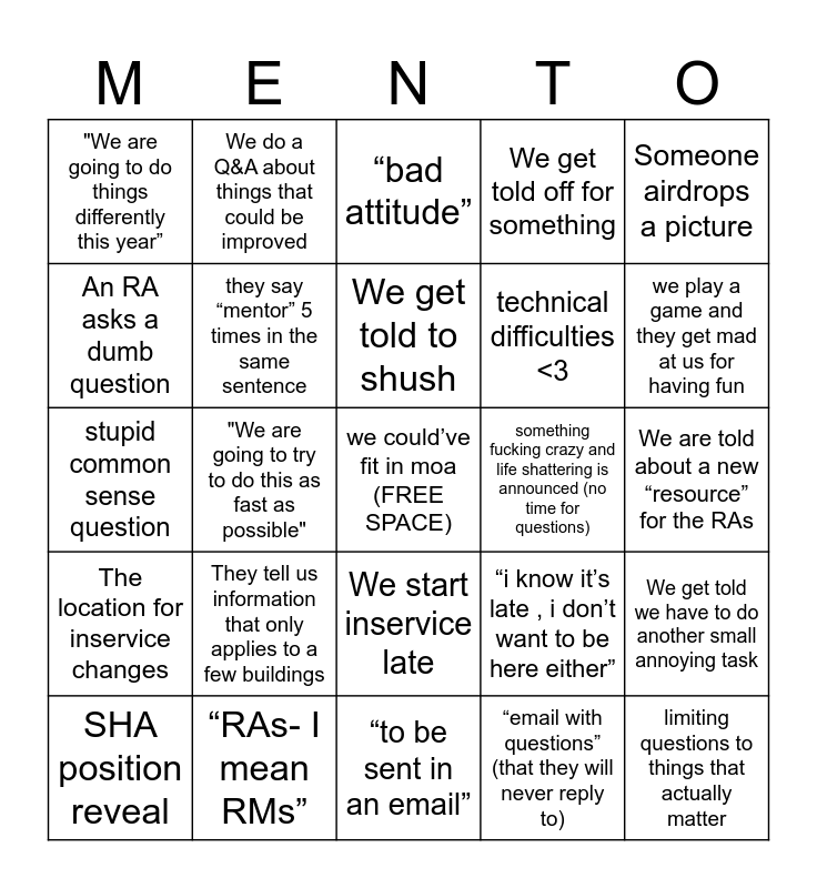 inservice bingo Card