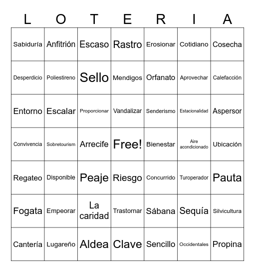 Juego de Vocabulario Bingo Card