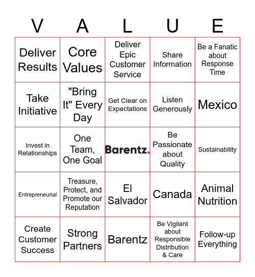 Barentz Values & Fundamentals Bingo Card