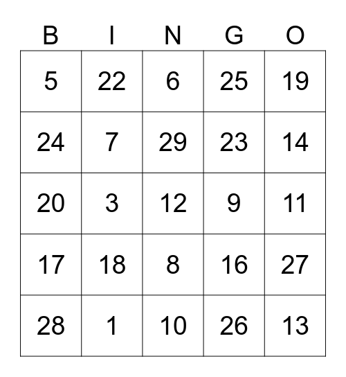 1-30 Bingo Card