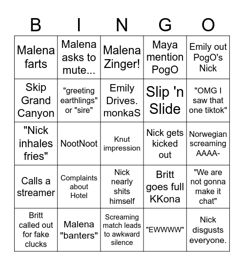 Twitch-con Roadtrip BINGO! ft: Nick, Malena, Britt and Emily Bingo Card
