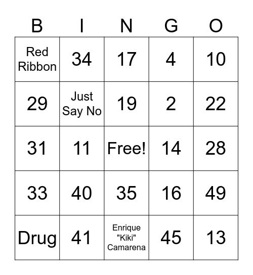 Red Ribbon Week Bingo Card