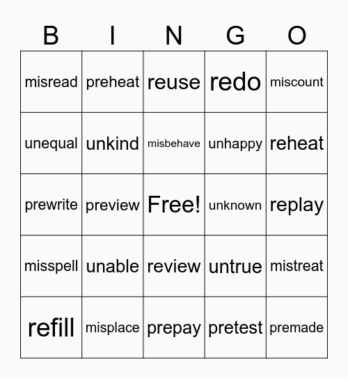 PREFIX BINGO! re, un, mis, pre Bingo Card