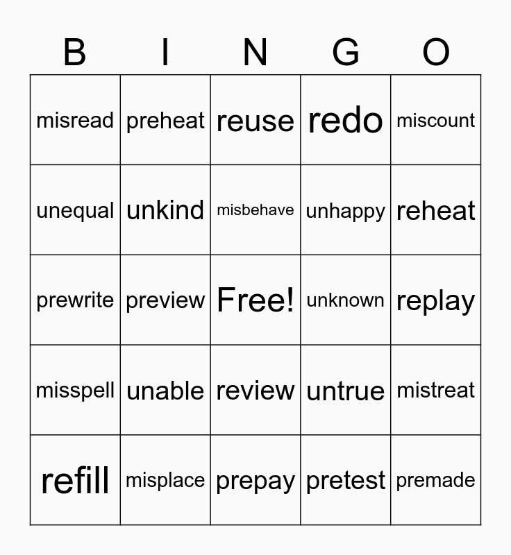 PREFIX BINGO! re, un, mis, pre Bingo Card