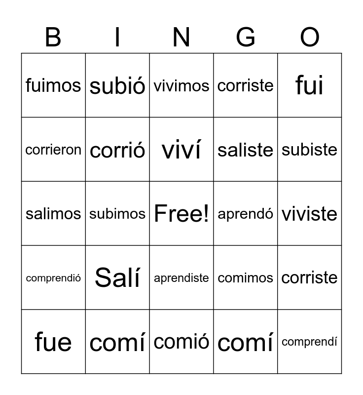 Past Tense: Ir & Er/Ir Bingo Card