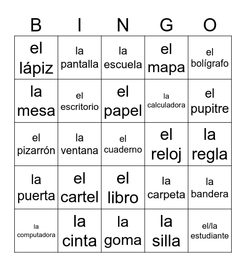 Classroom Objects (Spanish) Bingo Card