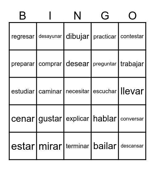 Lección 2 verbos Español Bingo Card