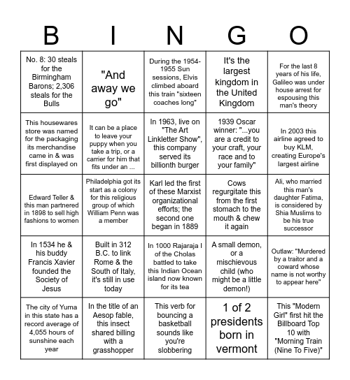 Jeopardy Bingo Card