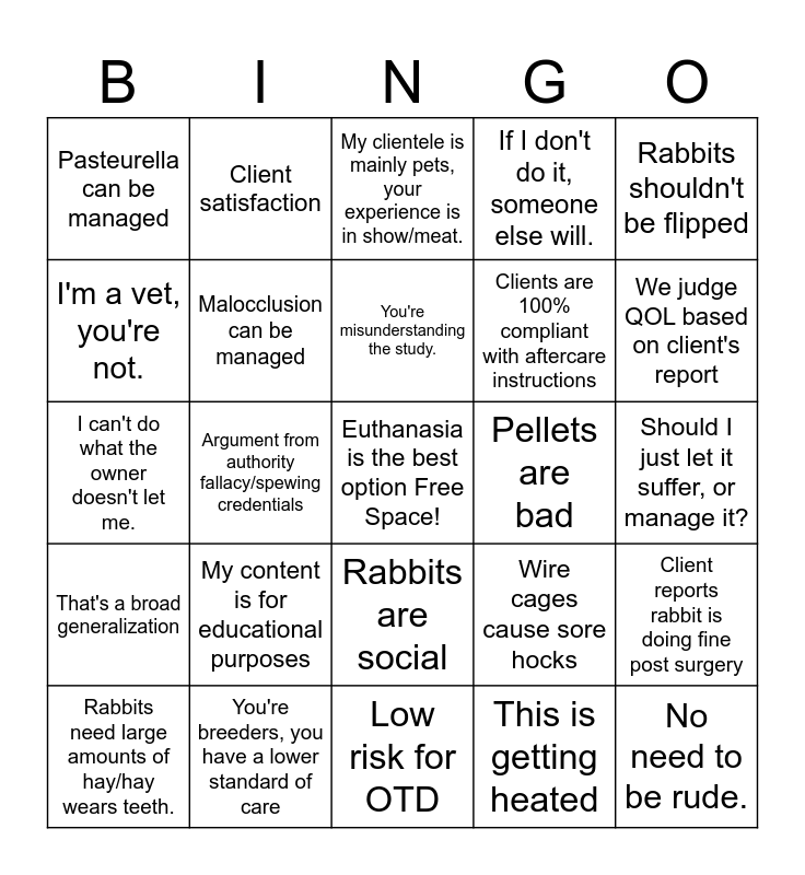 Rabbit Vet Debate Bingo Card