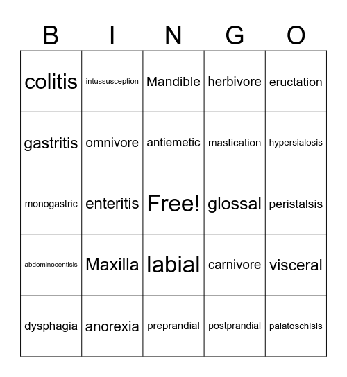 Digestive System Bingo Card