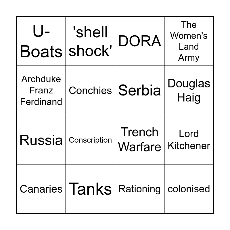 The Great War Bingo Card