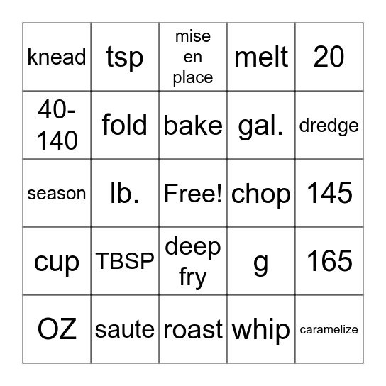 Culinary Arts Bingo Card