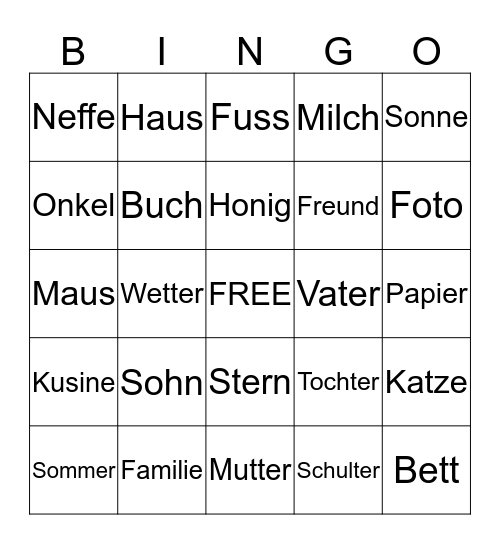 German Words Bingo Card