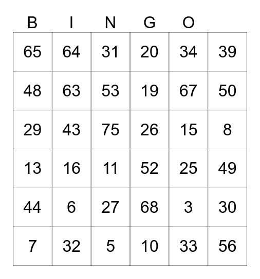 Number Bingo 1-99 Bingo Card