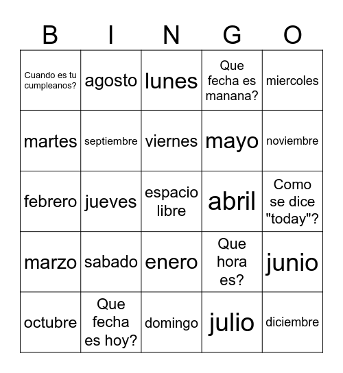 El calendario Bingo Card