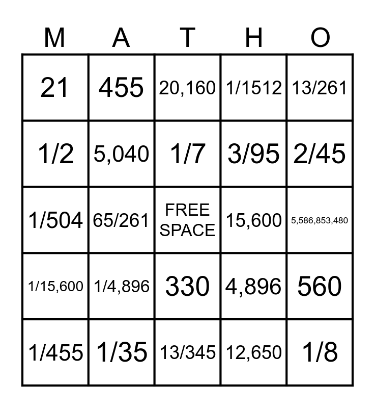Probability using Permutations and Combinations Bingo Card