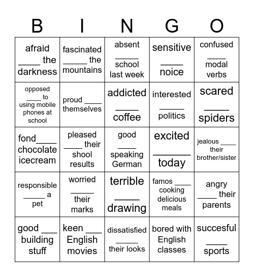 ADJECTIVES + PREPOSITIONS Bingo Card