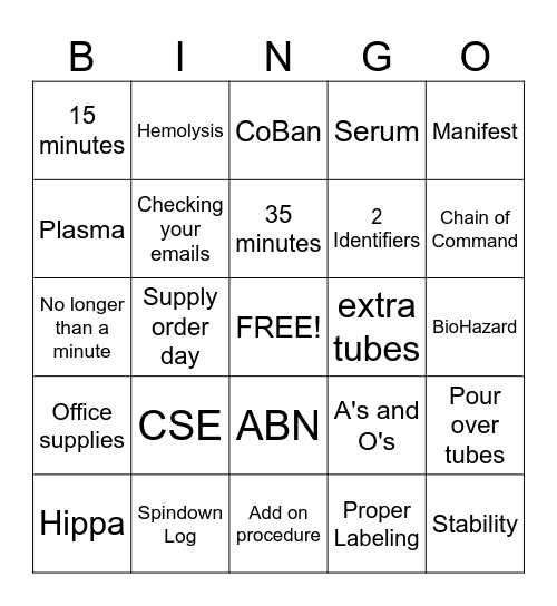 Phlebotomy Bingo Card Phlebotomy Bingo Card