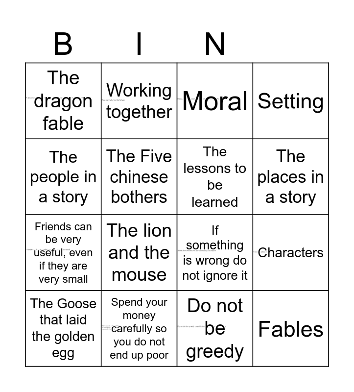 Aesop's Fables Bingo Card