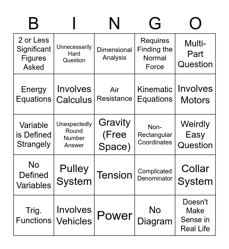 Physics Homework Bingo Card