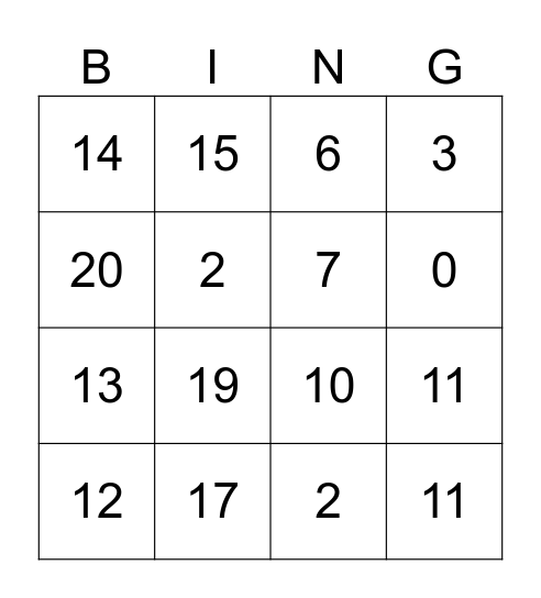 Los Números 0-20 Bingo Card