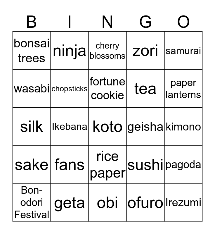 Japan Bingo Card