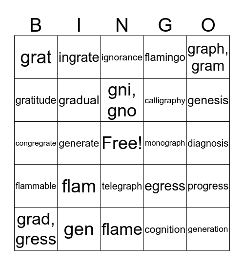 Root Words 20-25 Bingo Card