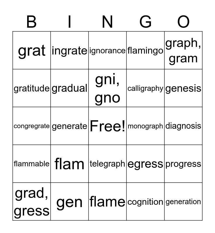Root Words 20-25 Bingo Card