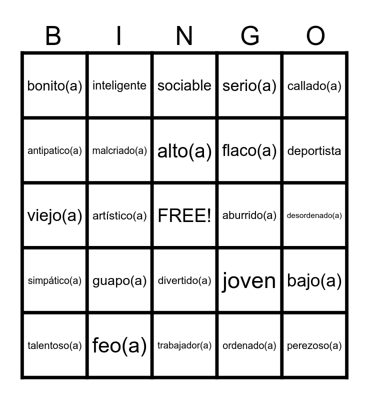 Adjetivos Bingo Card