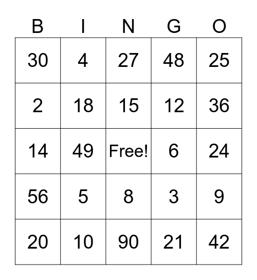 Multiplication Bingo Card