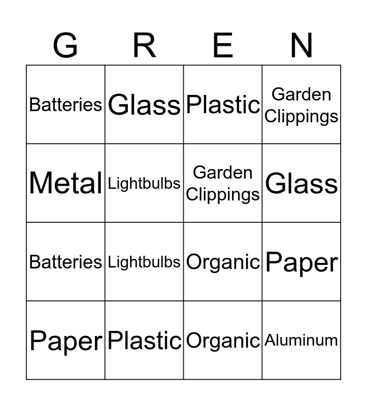 Recycling Bingo Card