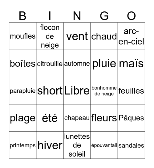 Les saisons Bingo Card