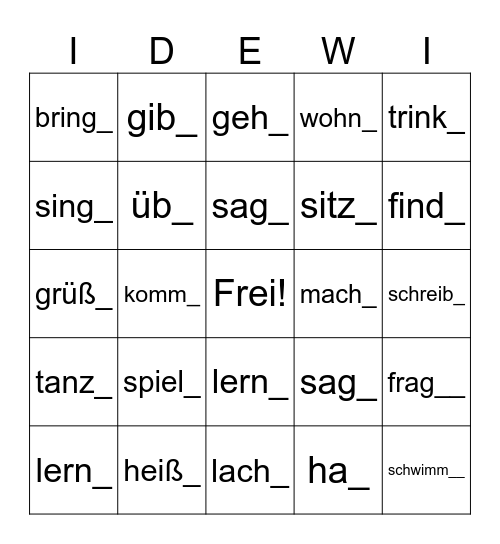 Regular Verb Conjugation German Bingo Card