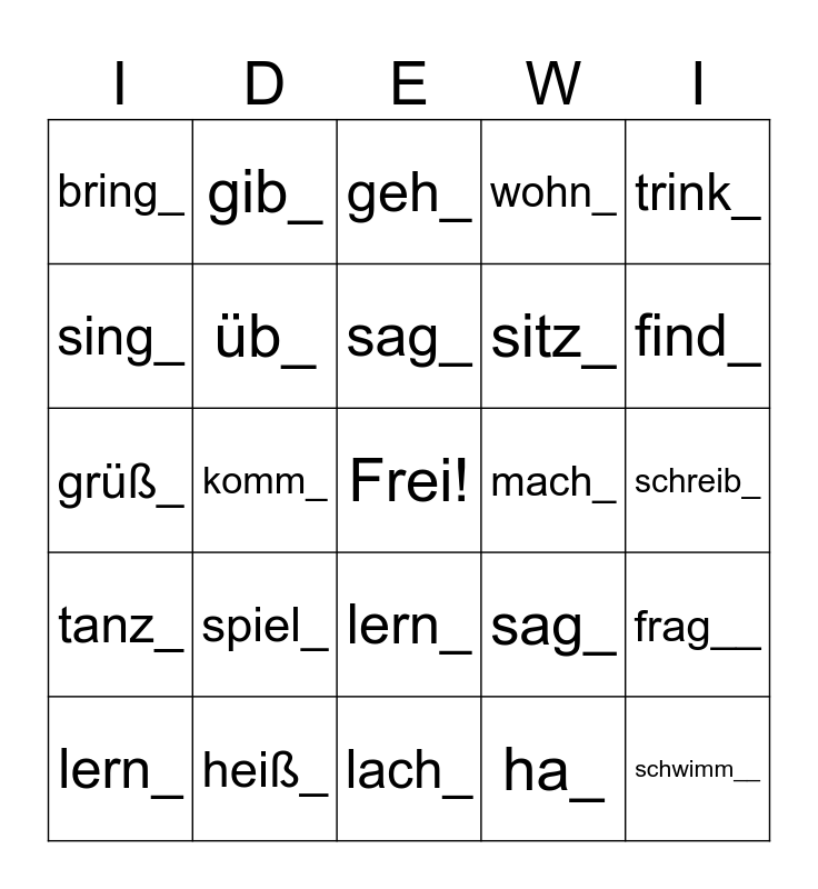 Regular Verb Conjugation German Bingo Card