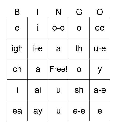 ai,ay, ee,ea, igh, oa,ow, silent e Bingo Card