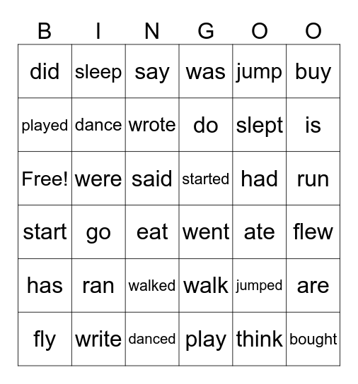 Past Tense Bingo Card