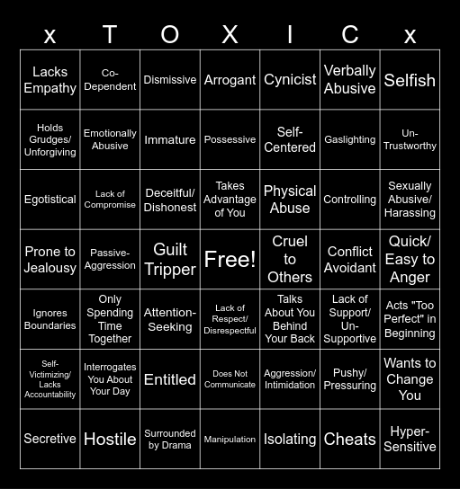 Toxic Relationship Bingo Card