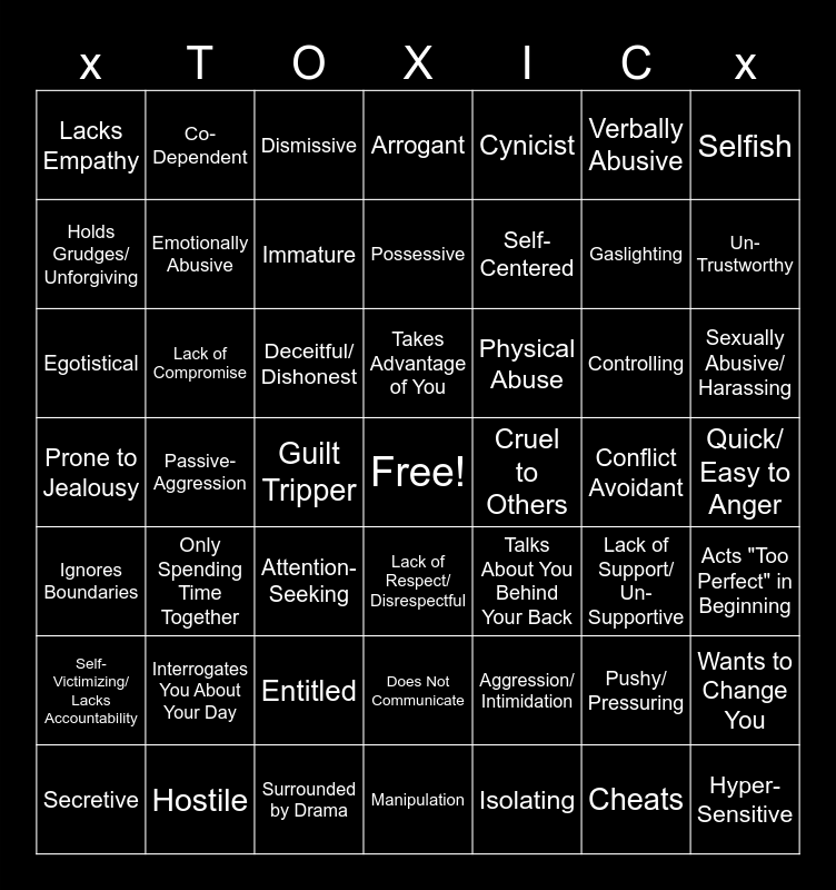Toxic Relationship Bingo Card