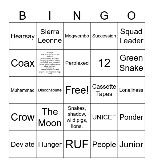A Long Way Gone Bingo Card
