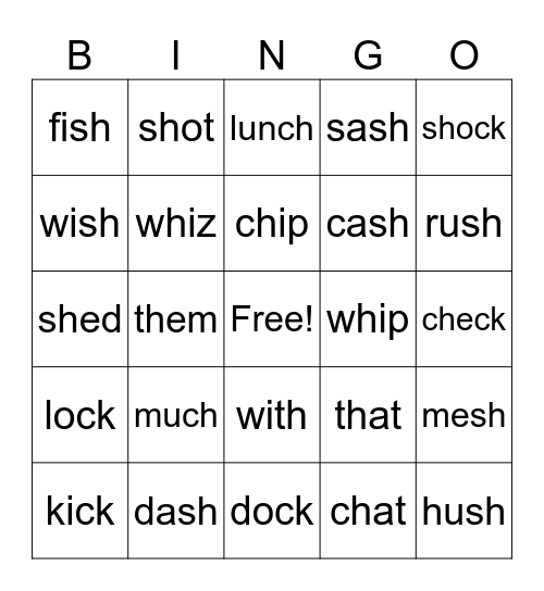 Digraphs sh, ch, th, wh, ck Bingo Card