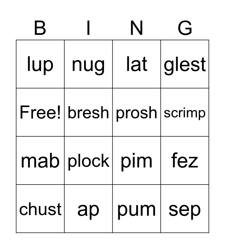 Closed Syllables Bingo Card