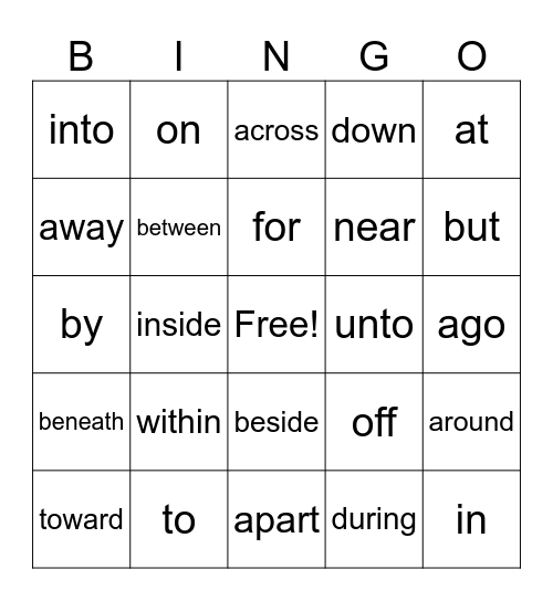 Preposition Bingo Card