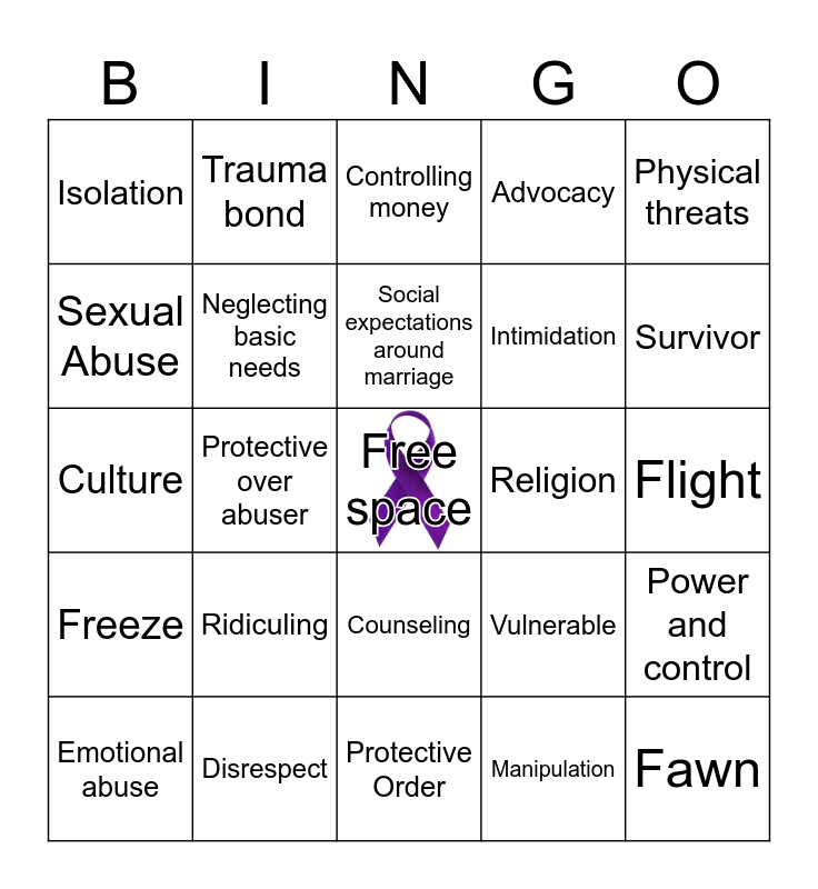 Domestic Violence Awareness Month Bingo Card