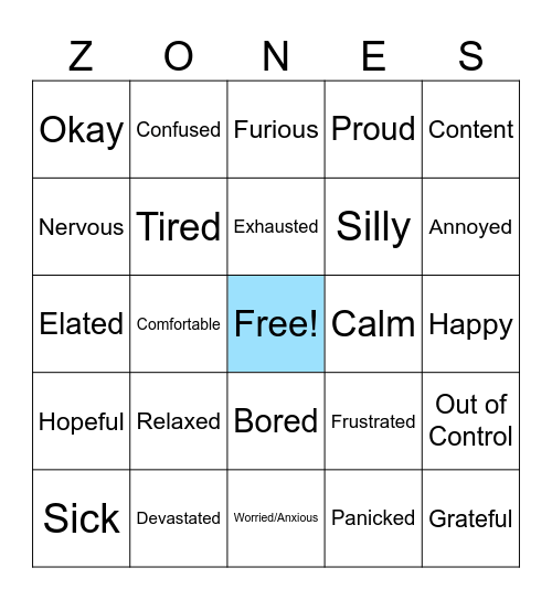 Zones of Regulation - Feeling Words Bingo Card