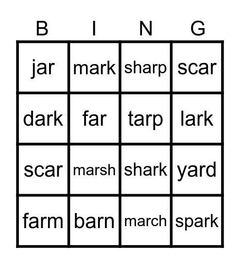 AR Words Bingo Card