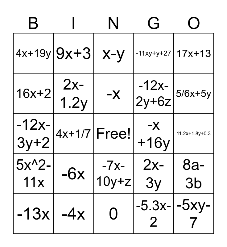 Combine Like Terms Bingo Card