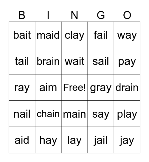 Vowel Teams Ay and Ai Bingo Card